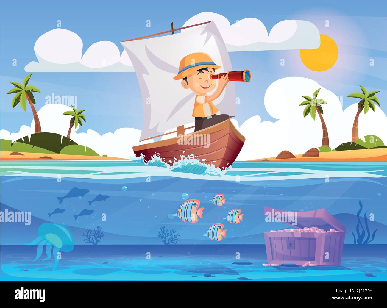 Little sailor boy holding telescope on sailboat sailing in the ocean ...