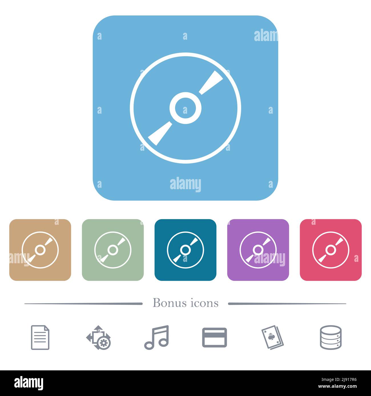 DVD disk outline white flat icons on color rounded square backgrounds. 6 bonus icons included ...