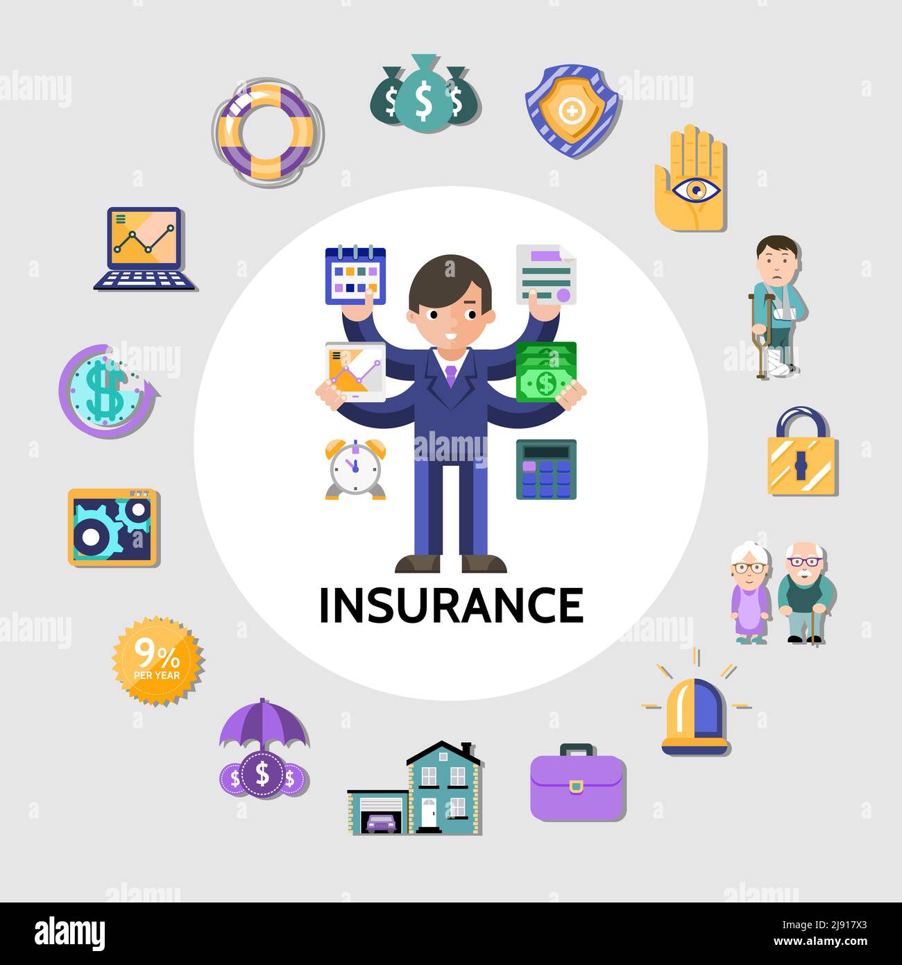 Flat insurance round concept with manager laptop money save shield ...