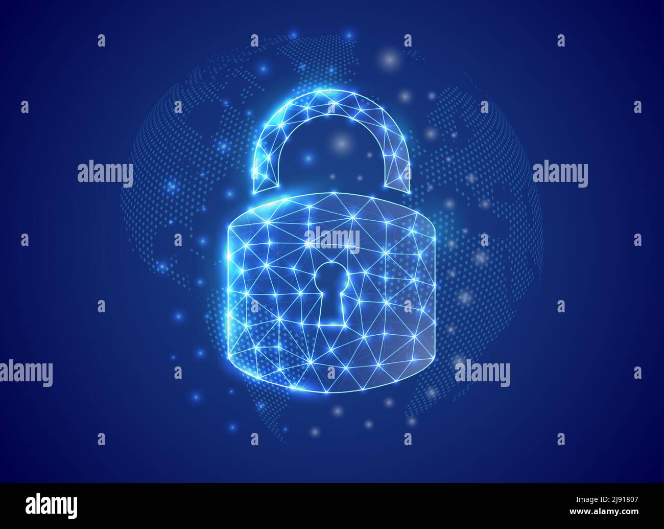 Lock 3d low poly symbol with blue world map background. Antivirus ...