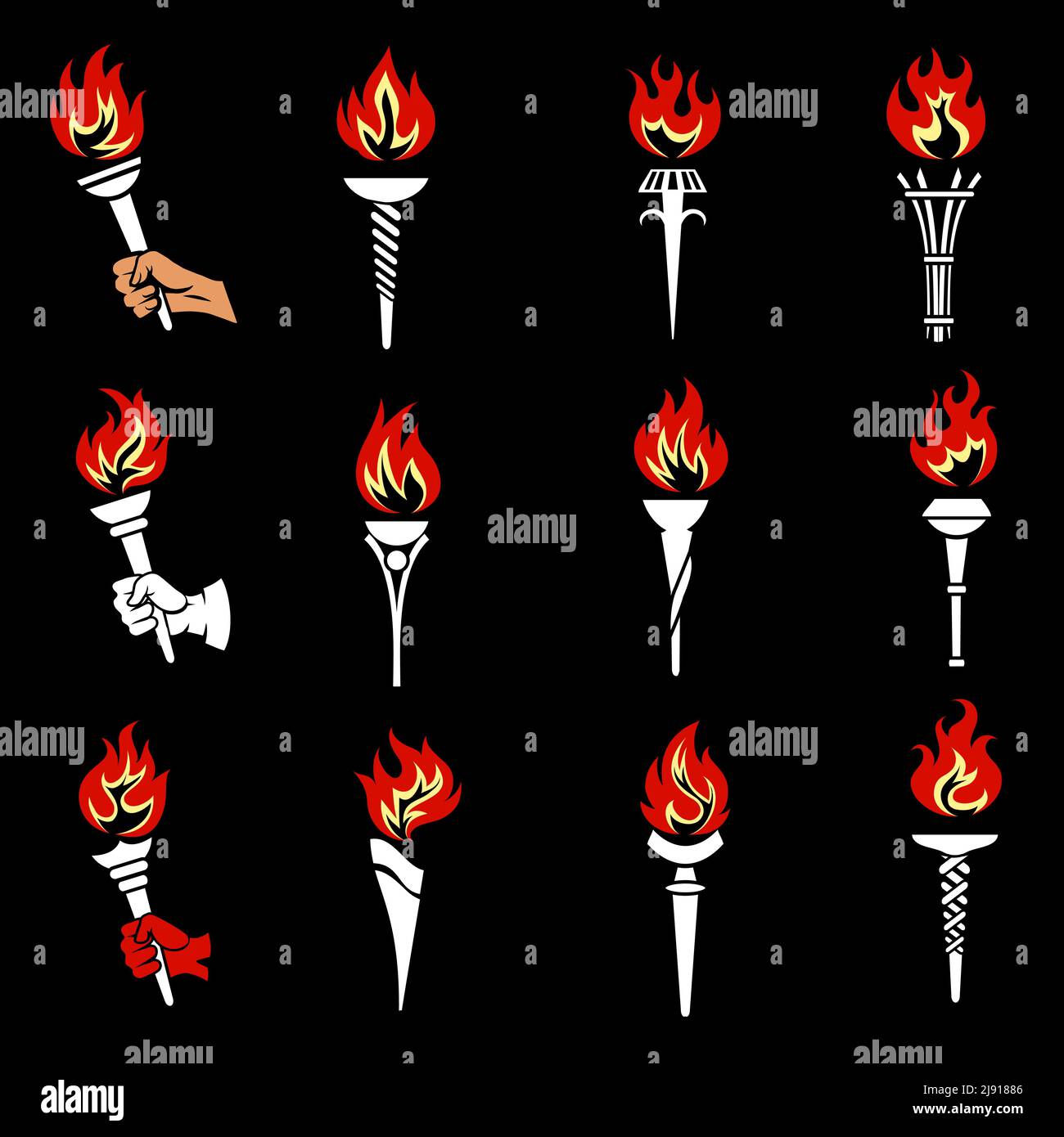 Fire torch icons set. Burn power hot flaming, liberty bright and ...