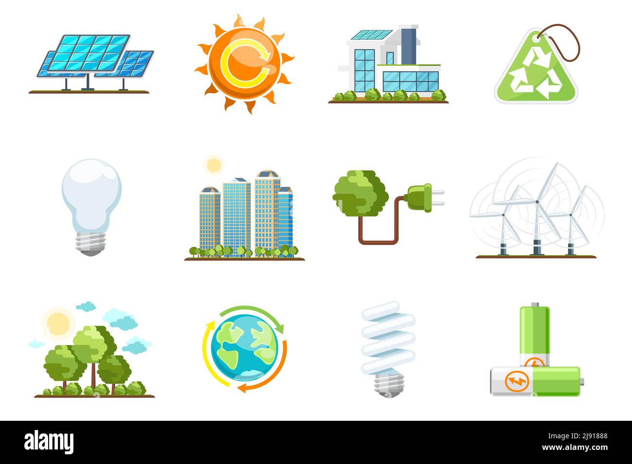 Green power icons. Eco clean energy set. Nature and environment, energy ...