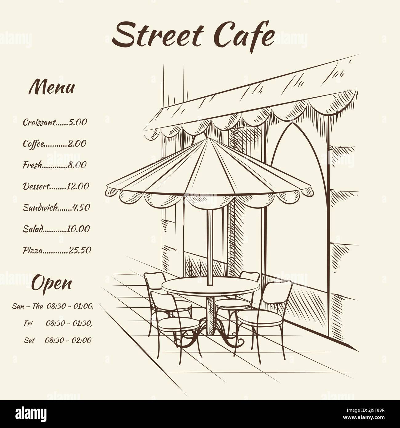 Hand drawn street cafe background. Menu design, sketch restaurant city ...