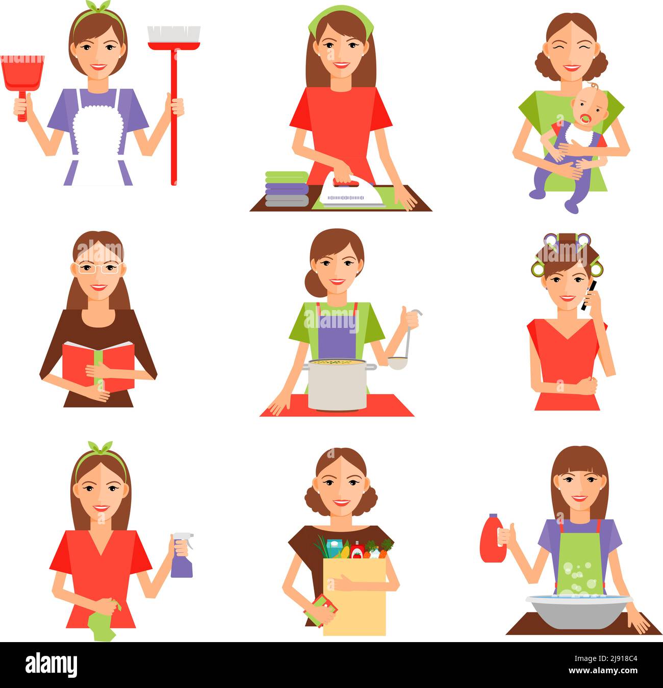 Set of housewife icon in flat style. Homemaker cleaning ironing cook ...