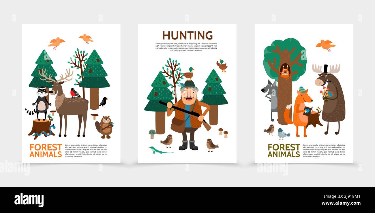 Flat hunting posters with hunter raccoon on stump deer beaver birds ...