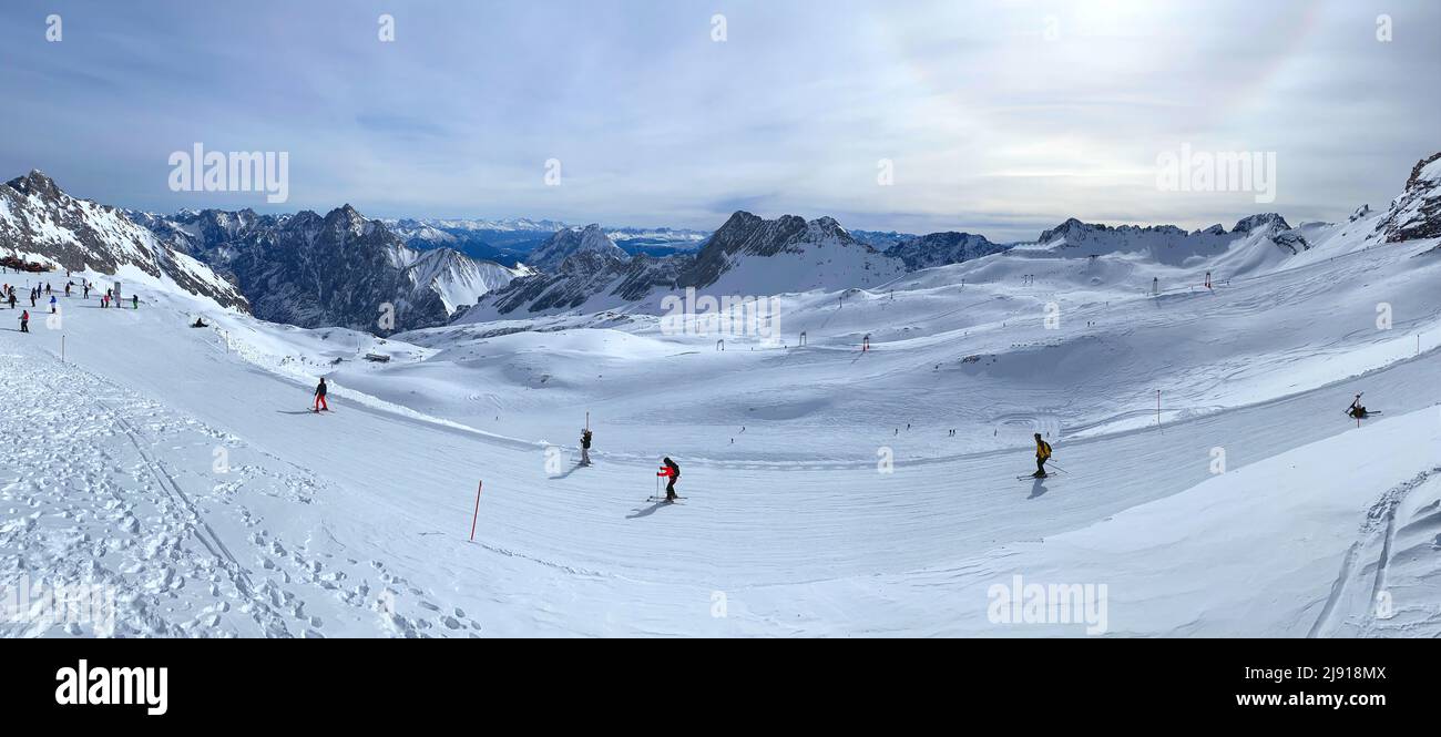 Panorama view of snow mountain from Zugspitze - the highest point of ...