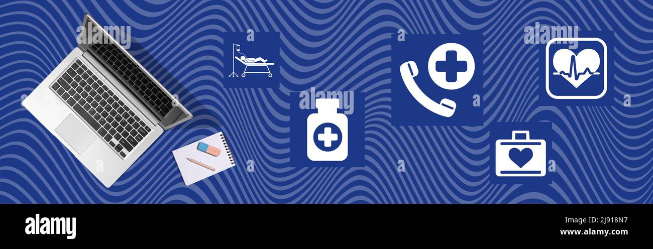 Top view of laptop with symbol of emergency concept Stock Photo - Alamy