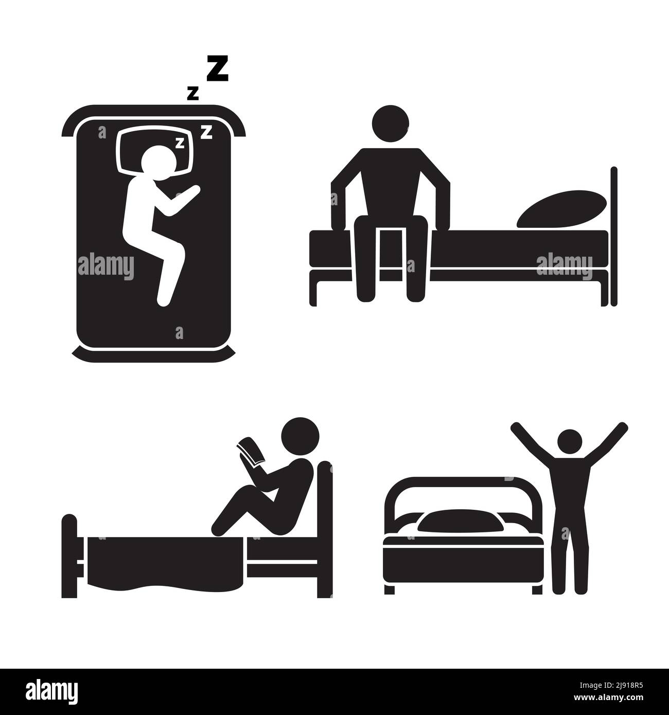 Person in bed icons. Hotel sleep signs. Wake up, silhouette person ...