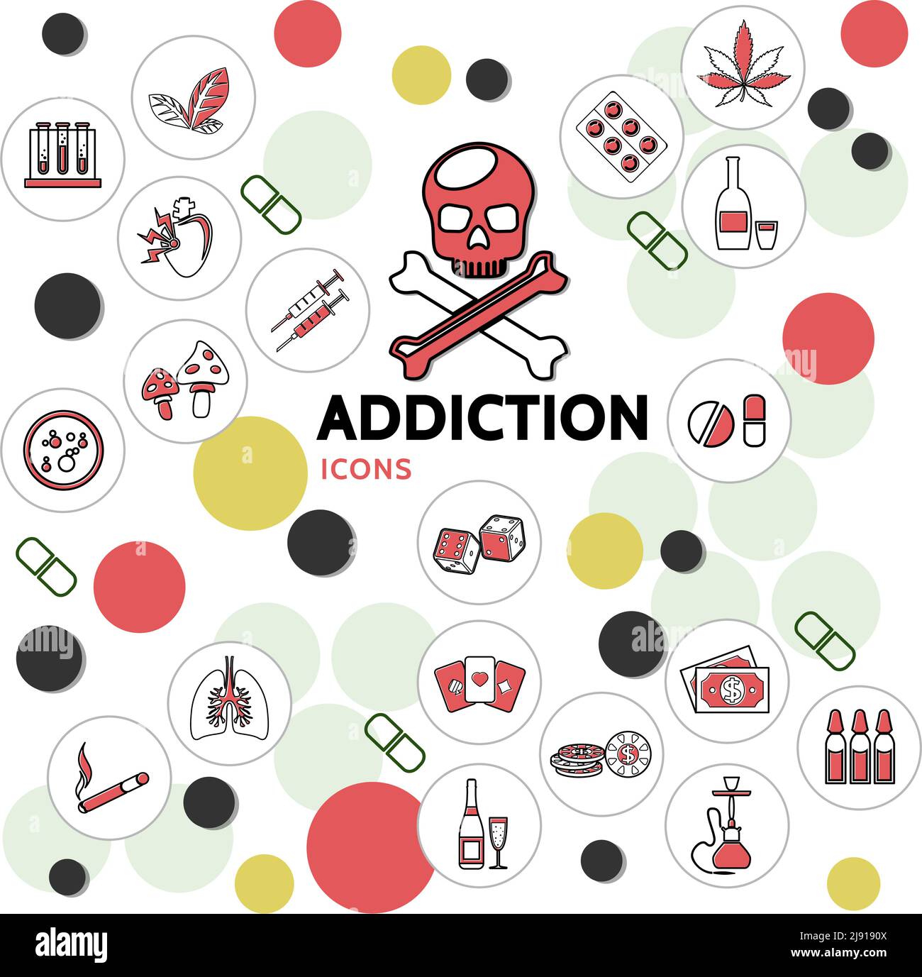 Harmful addictions line icons collection with skull sick lungs drugs ...