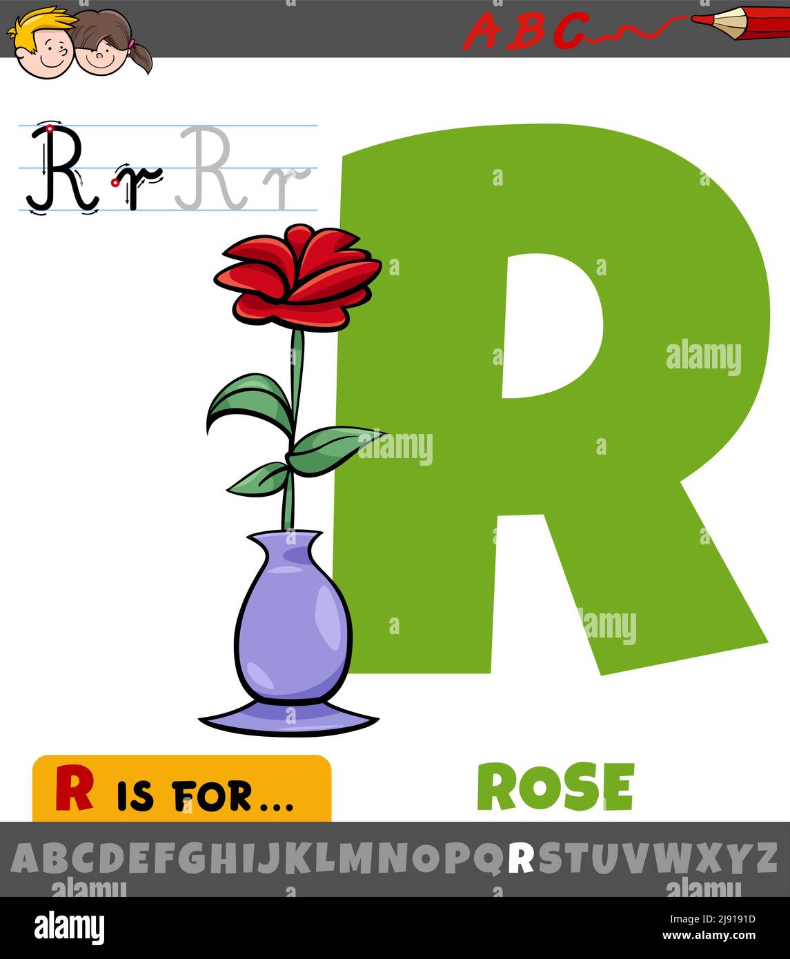 Educational cartoon illustration of letter R from alphabet with rose ...