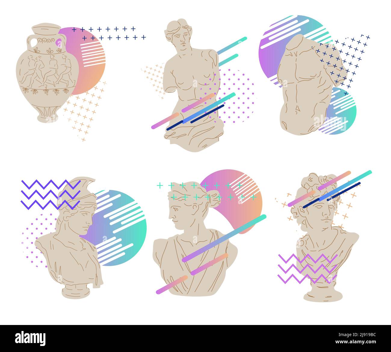 Set of antique marble Greek and Roman sculptures with vibrant colorful ...