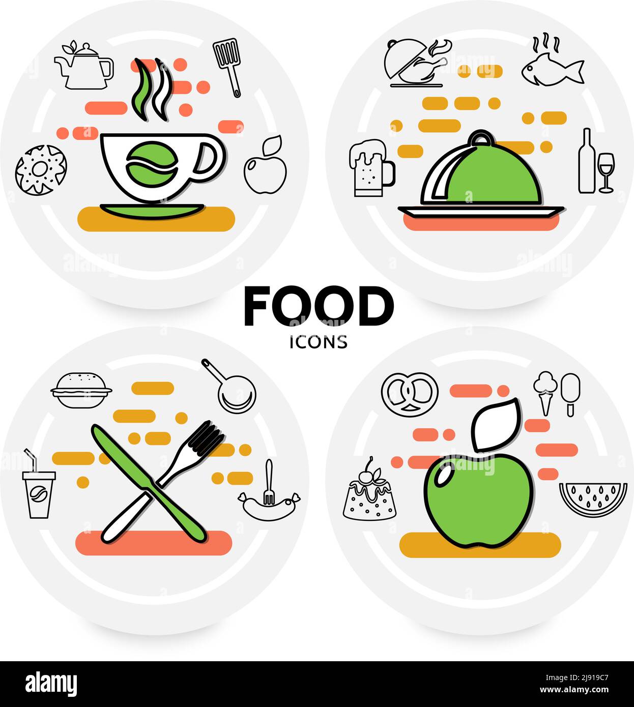 Food line icons concept with coffee beer wine fish chicken apple soda ...