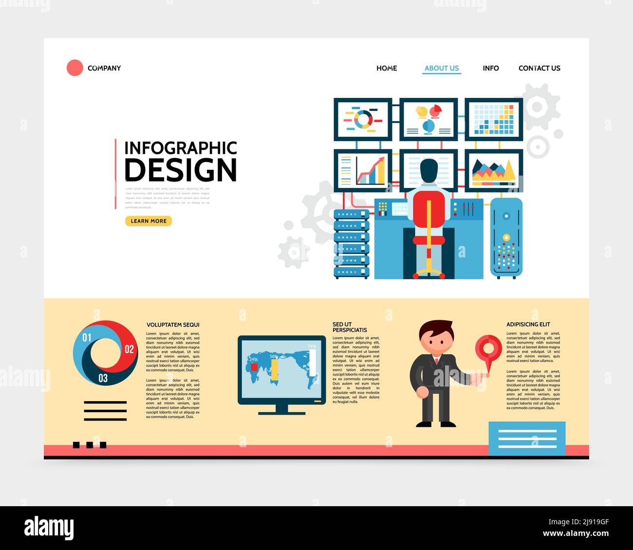 Flat infographic design landing page concept with navigation menu ...