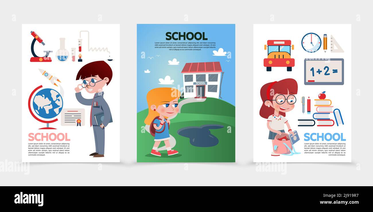 Flat education posters with pupils school building microscope ...