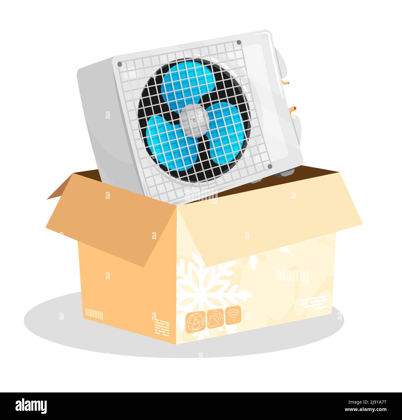 Cardboard box with air conditioner unit, preparing for hot summer ...