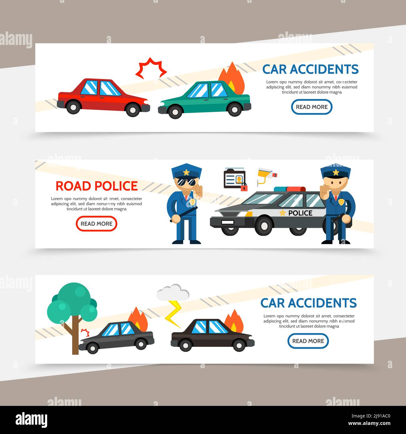 Flat auto accident horizontal banners with car crash police officers ...
