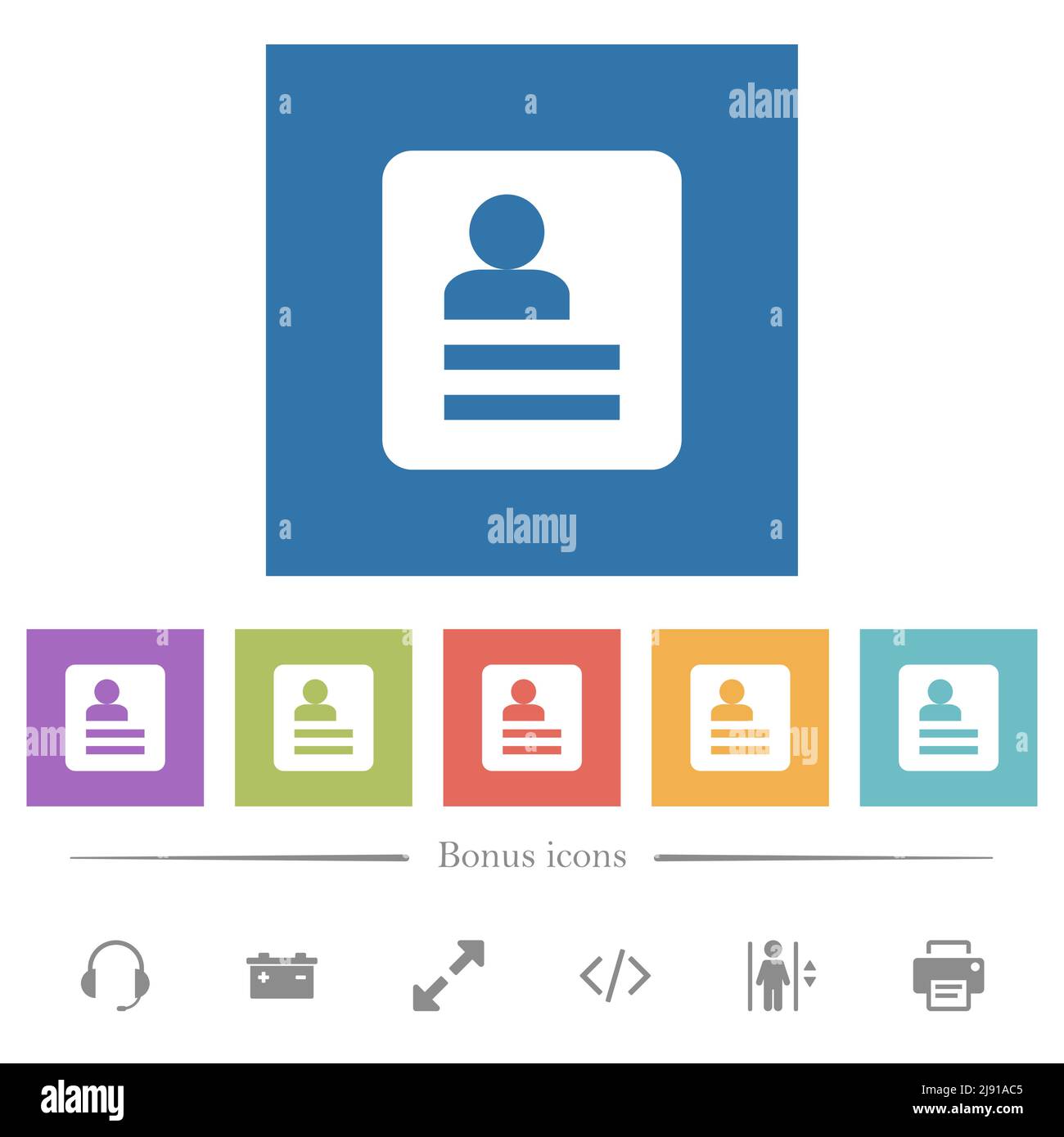 User profile solid flat white icons in square backgrounds. 6 bonus ...