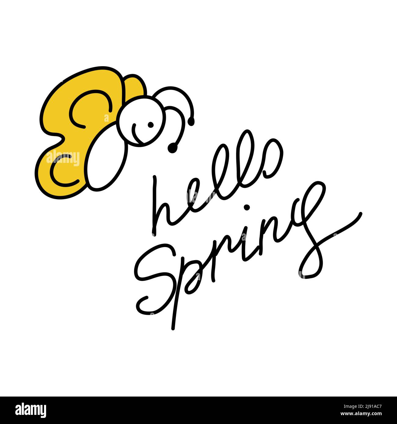 Funny doodle butterfly. Sloppy lettering with phrase Hello Spring. Cute ...