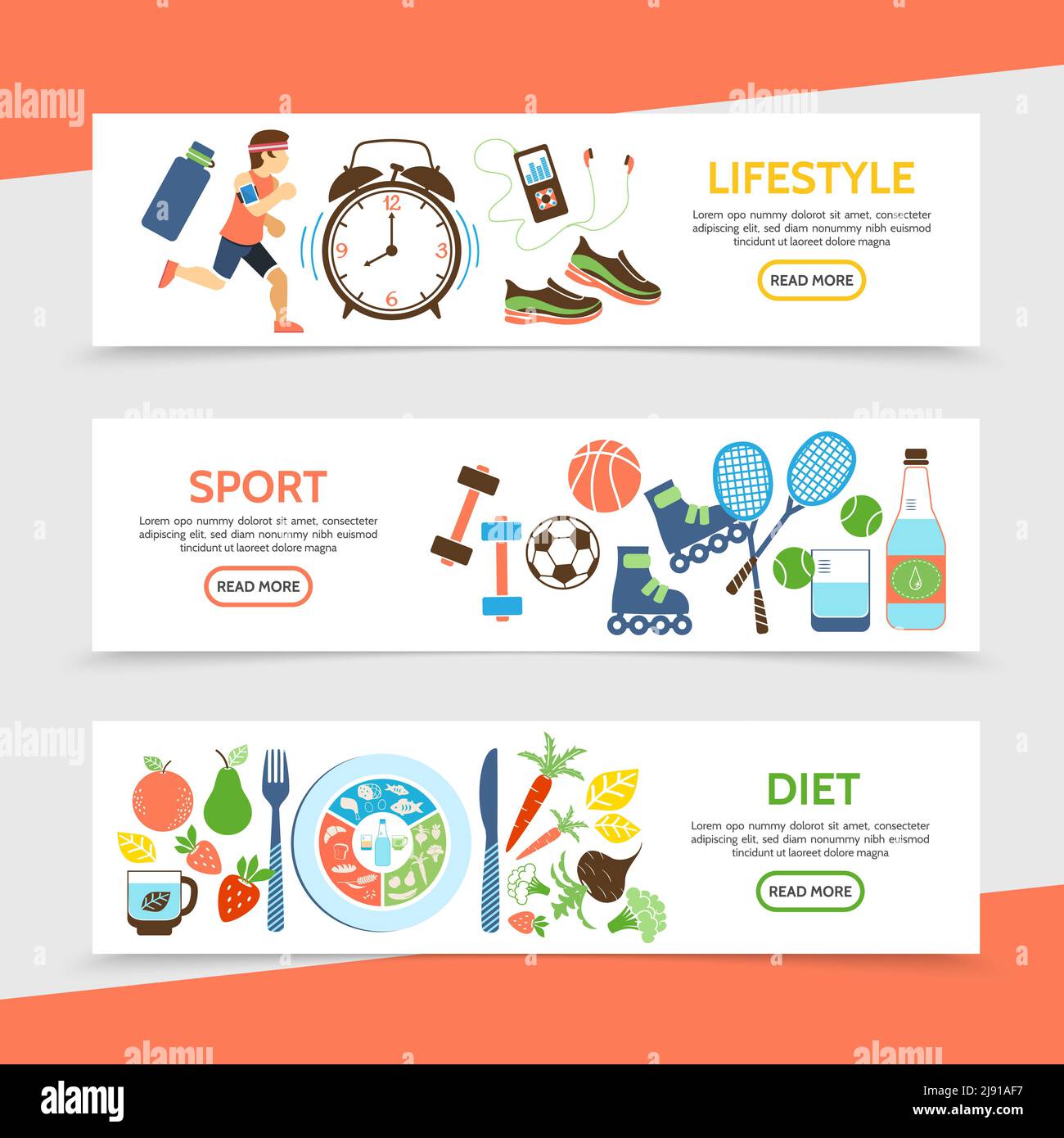 Flat Healthy Lifestyle Horizontal Banners With Running Athlete Clock