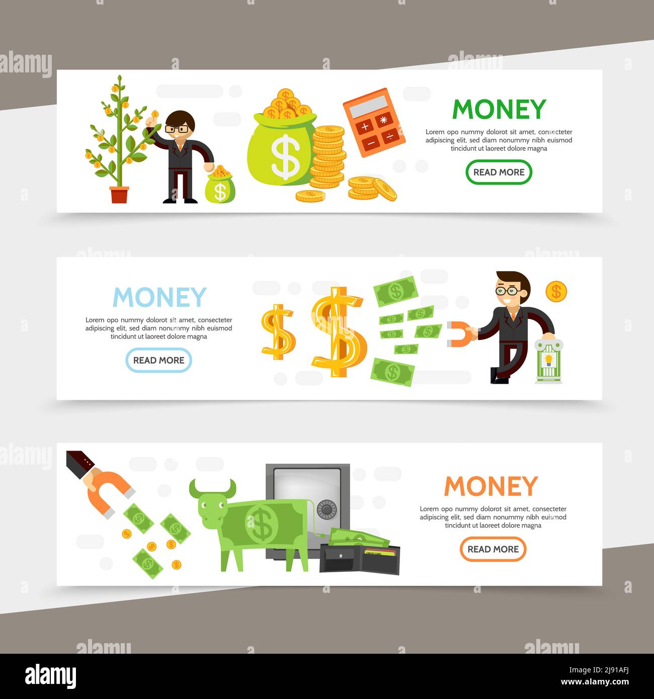 Flat finance horizontal banners with business people money tree ...