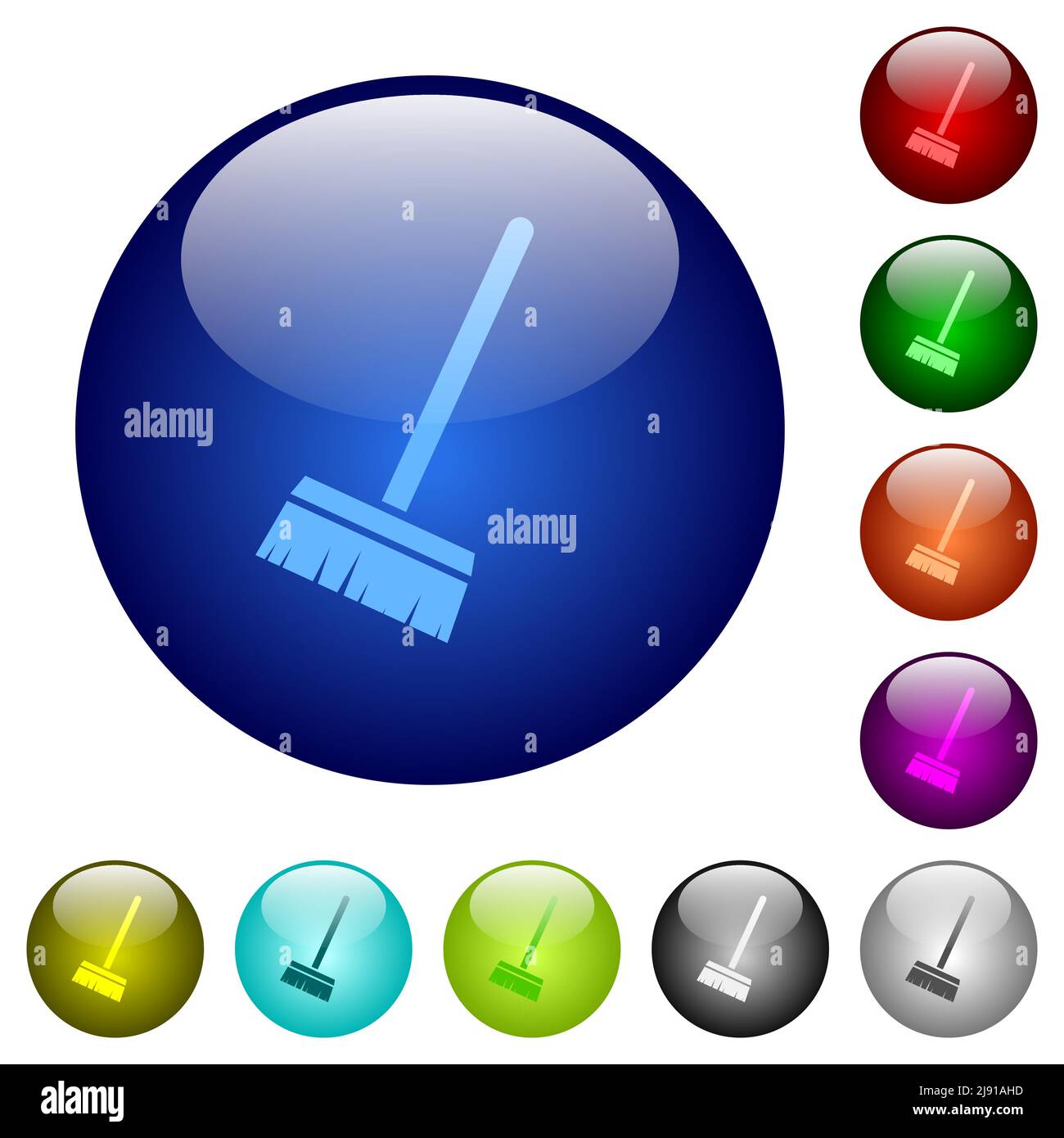 Household broom icons on round glass buttons in multiple colors ...