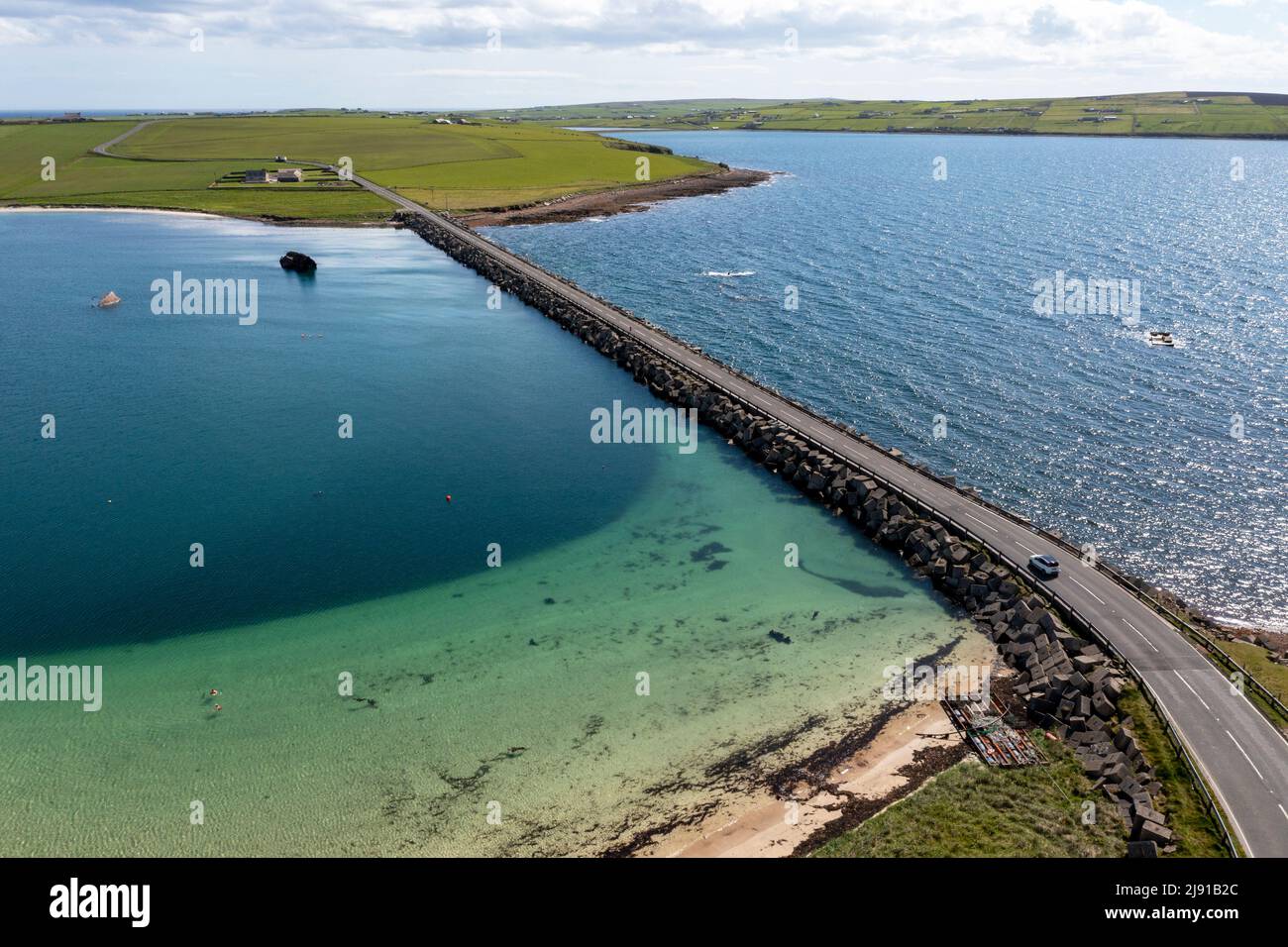 Aerial view of Churchill Barrier No.3 and 'block ship' partially ...