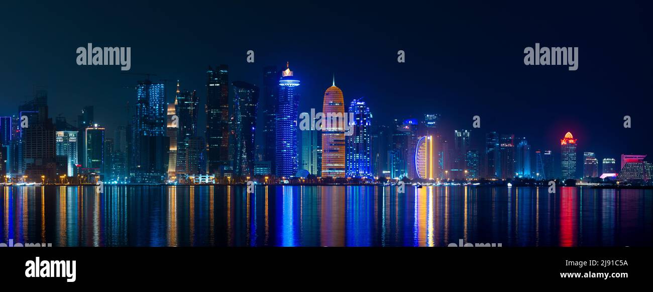 Doha, Qatar- May 5,2022 : Doha skyline with many towers during the ...