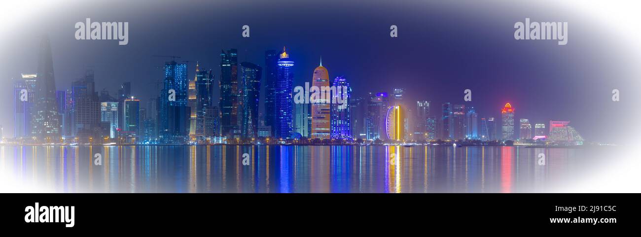 Doha, Qatar- May 5,2022 : Doha skyline with many towers during the ...