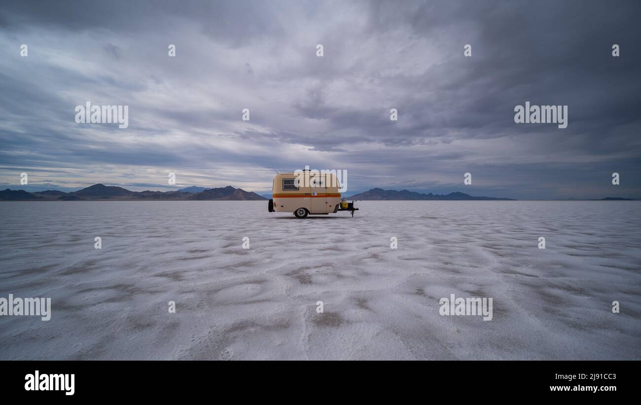 Vintage boler trailer parked on the Bonneville salt flats, Utah with ...