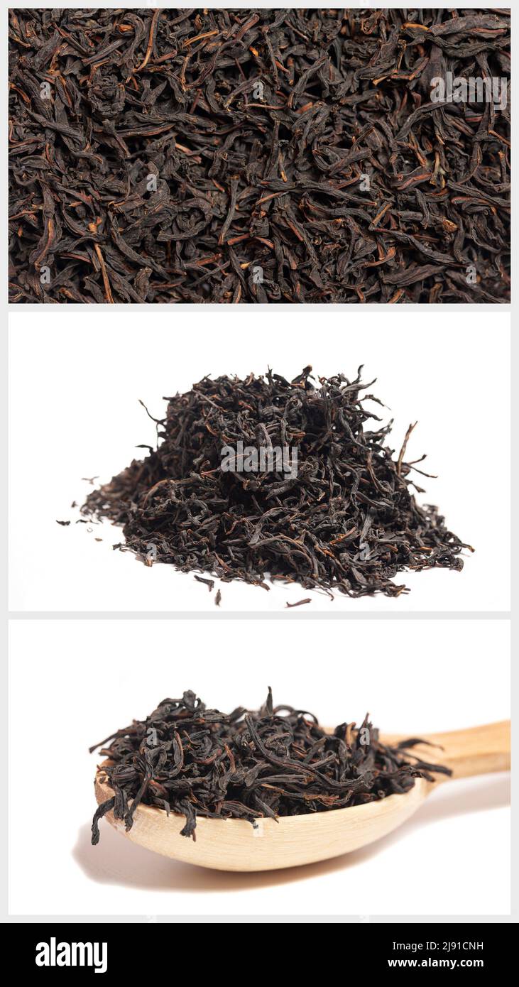 Collage with Black tea in a wooden spoon isolated on white background ...