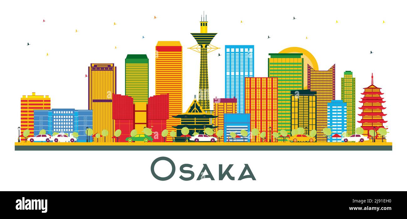 Osaka Japan City Skyline with Color Buildings Isolated on White. Vector ...