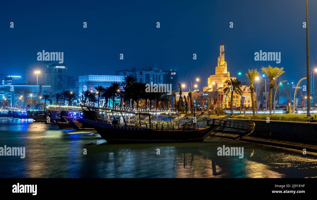 Doha, Qatar- May 05,2022: View of qatar Corniche during night with a ...