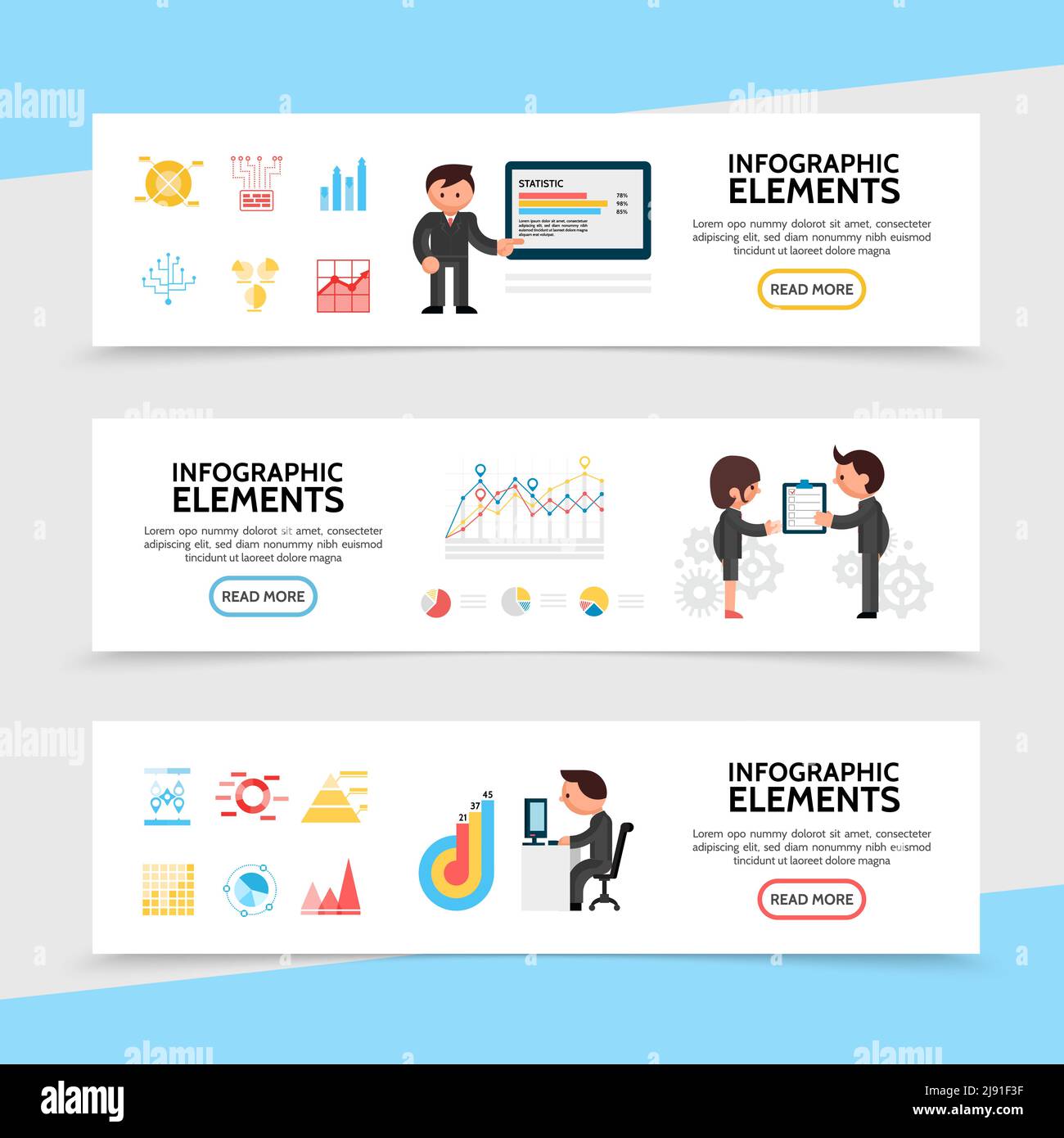 Flat infographic horizontal banners with diagrams and graphs for ...