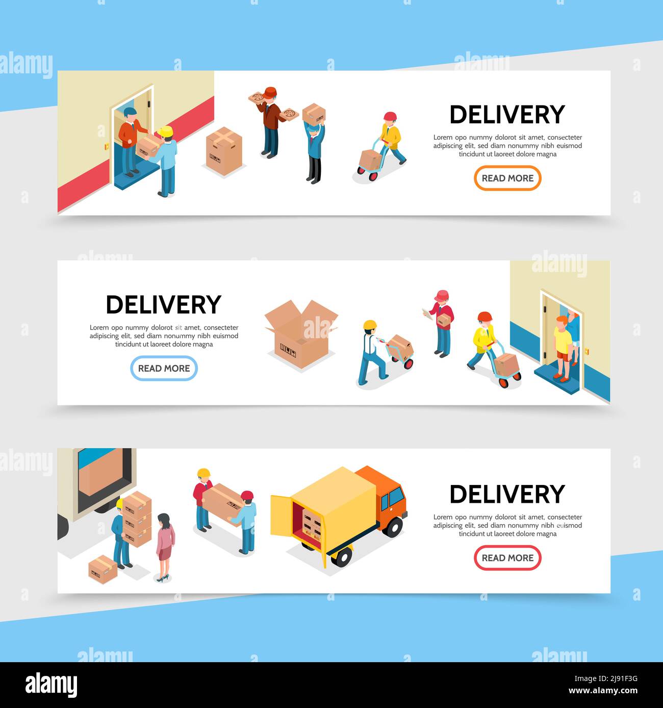 Flat delivery service horizontal banners with couriers deliver goods to ...