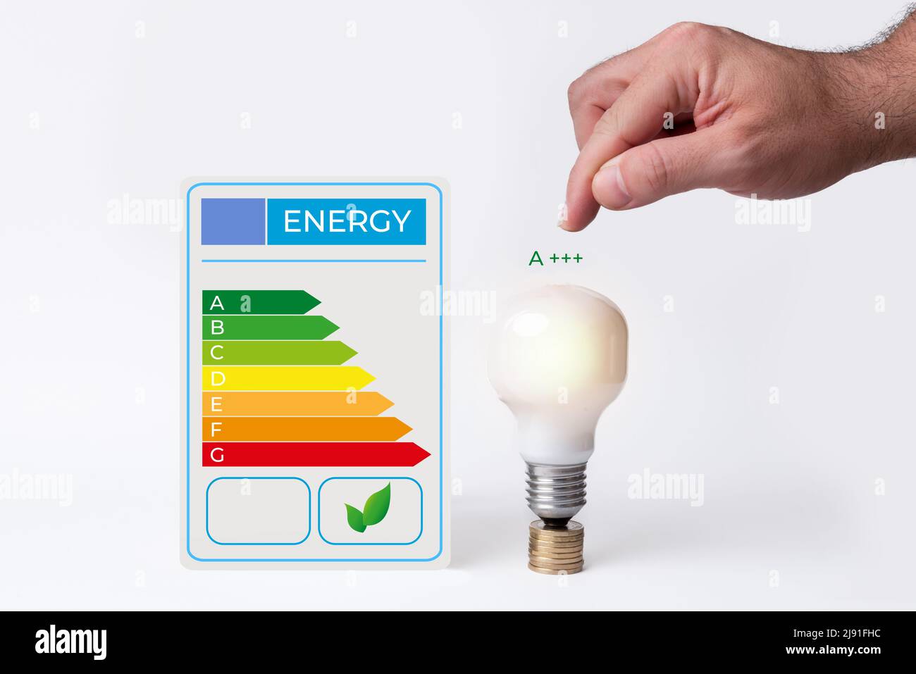A hand pointing to an energy efficient light bulb. Representation of ...
