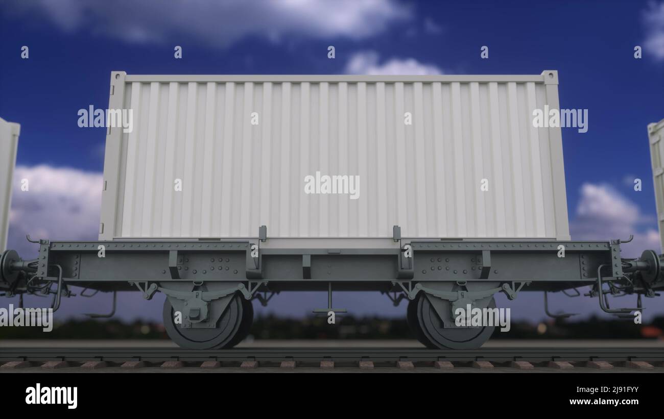 Cargo train with blank white containers. Railway transportation. 3d ...