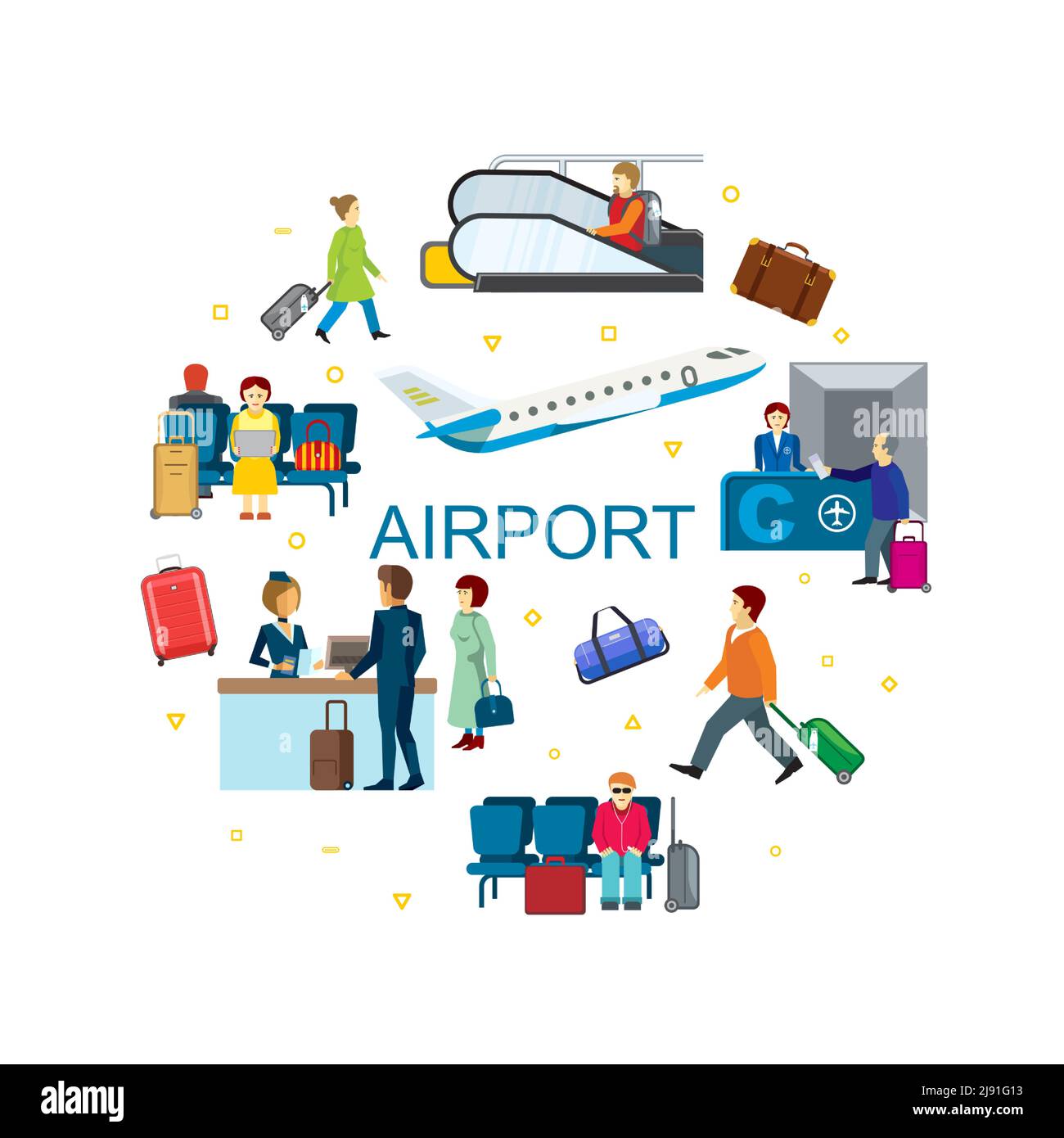 Flat airport round concept with airplane tourists with baggage at ...