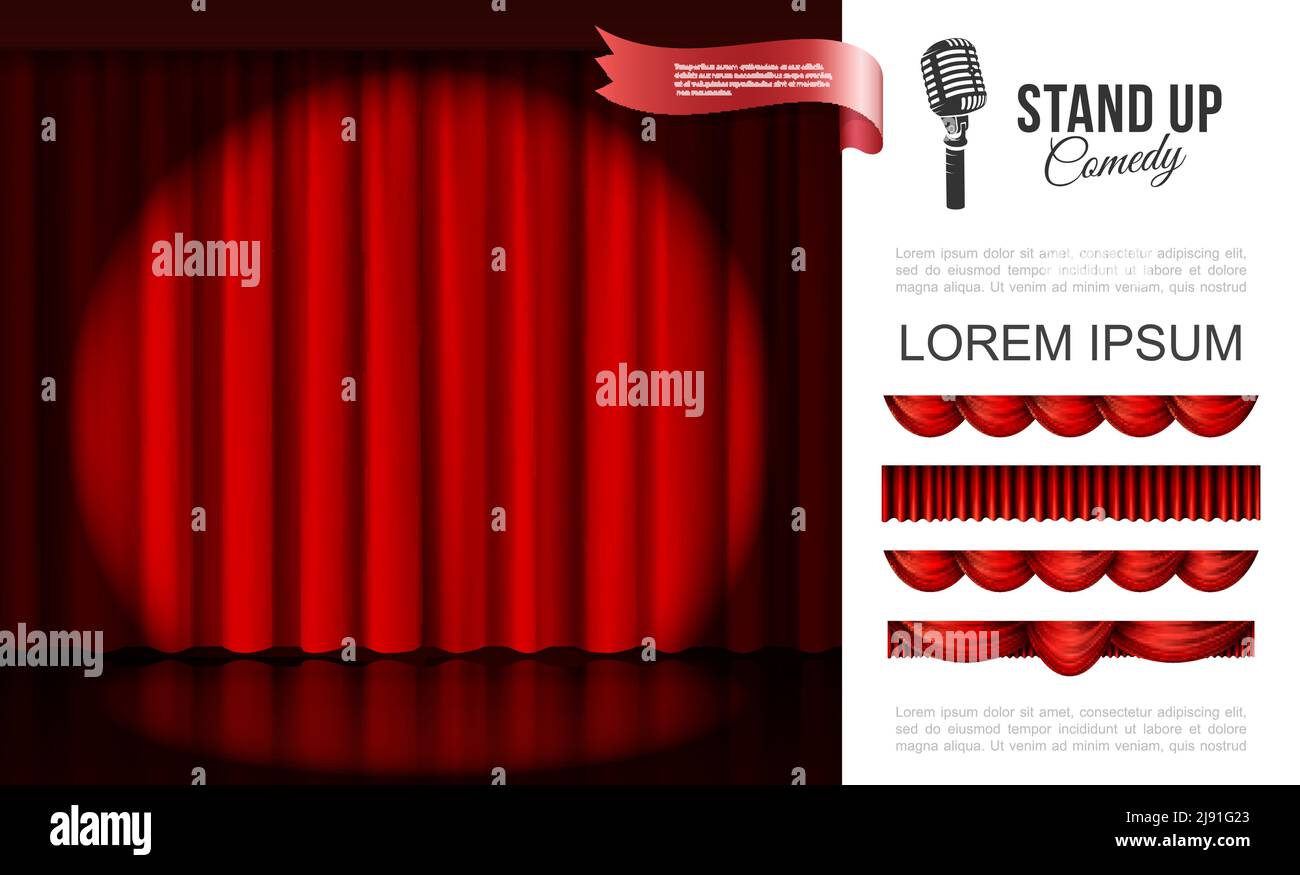 Realistic stage performance concept with spotlight on red curtains and ...