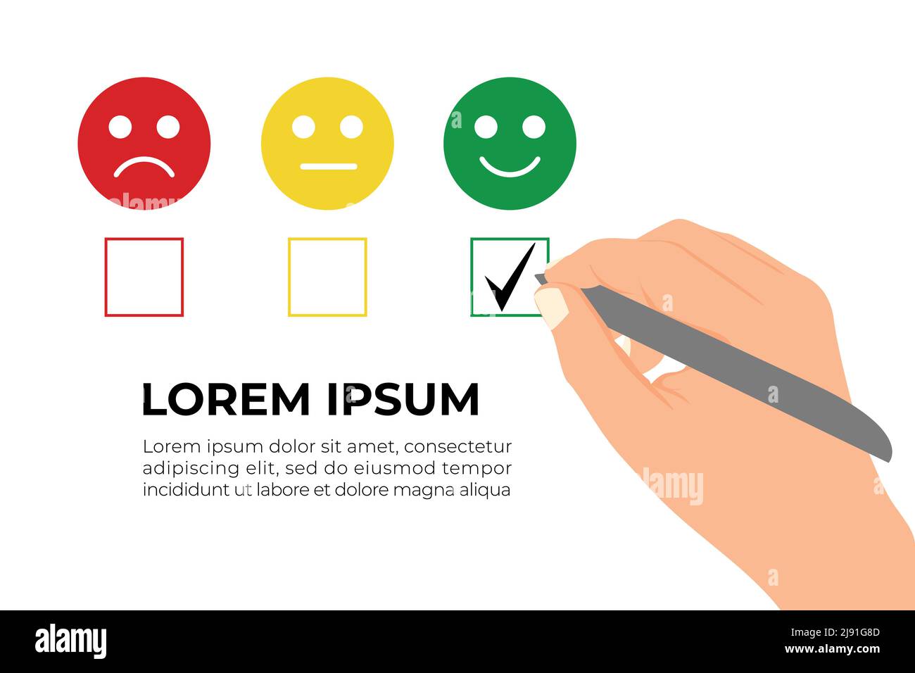 Flat drawing of a hand filling out a satisfaction survey. Icons of sad ...