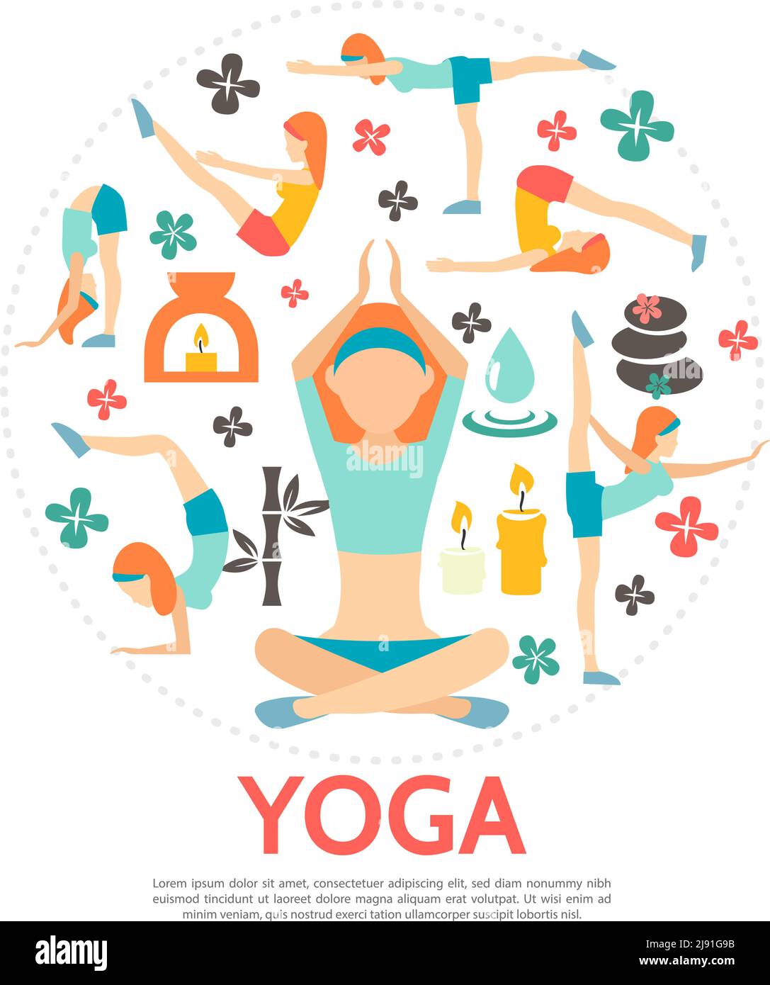 Flat yoga round concept with women in different poses bamboo spa stones ...