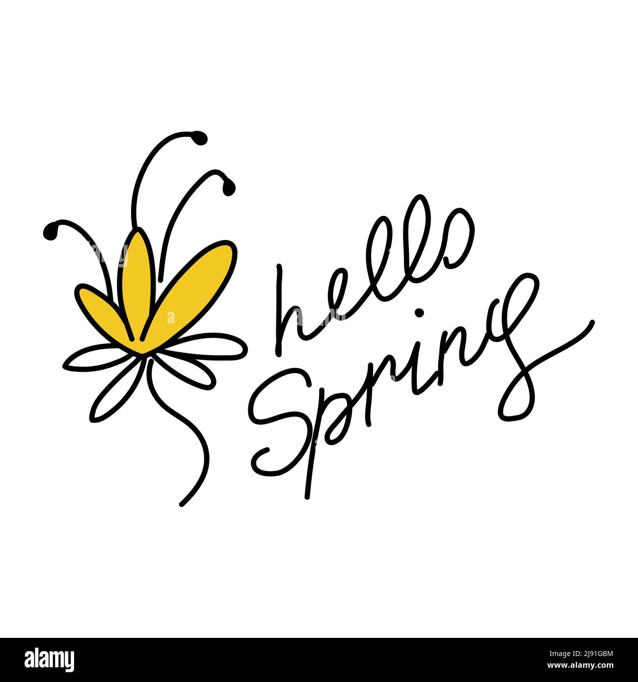 Cute flower doodle. Lettering with the phrase Hello Spring. A simple ...