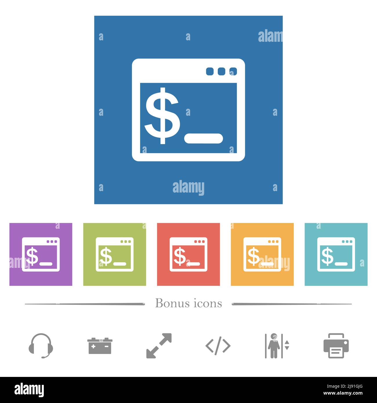 OS command terminal flat white icons in square backgrounds. 6 bonus ...