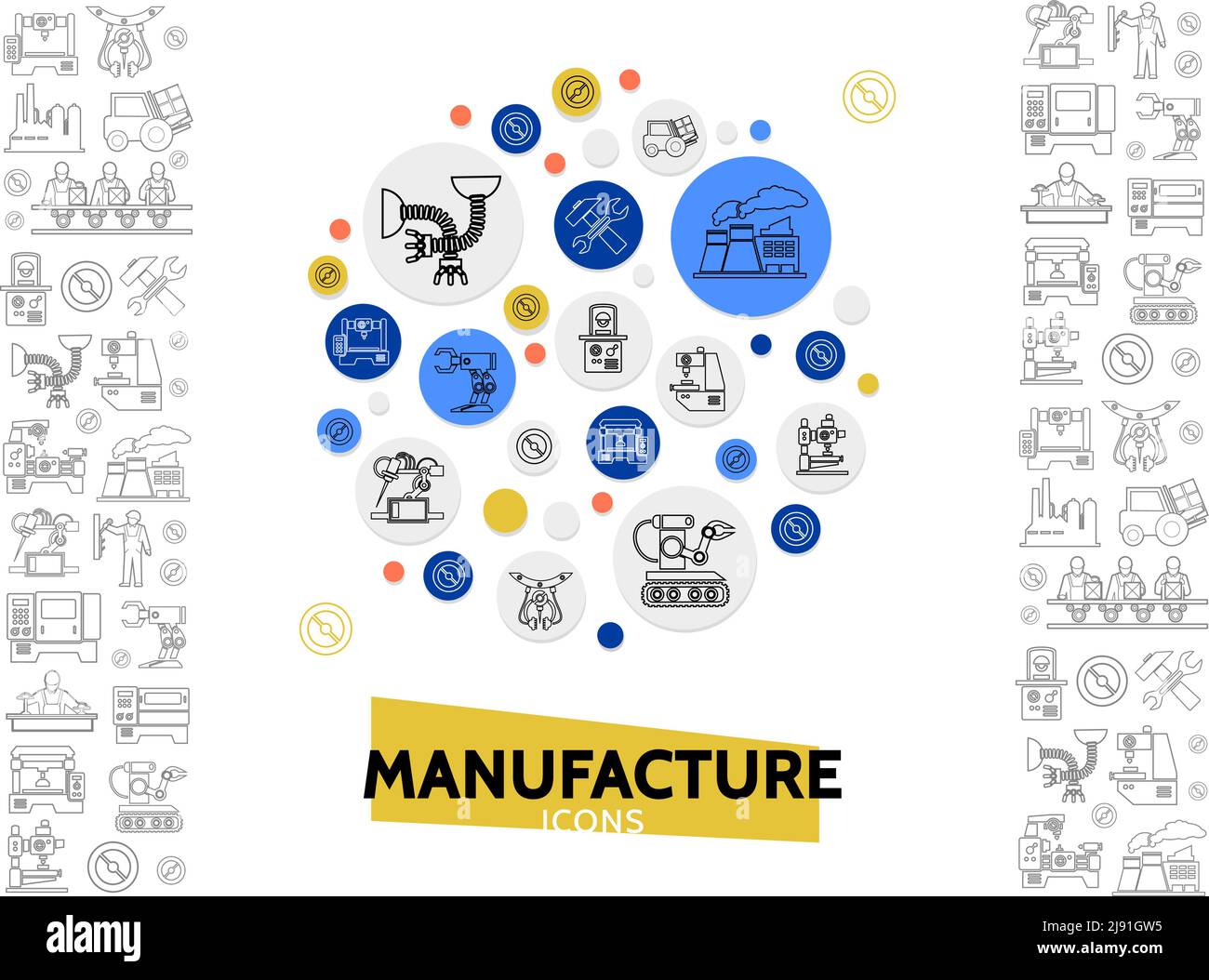 Manufacturing line icons template with plant wrench hammer forklift ...