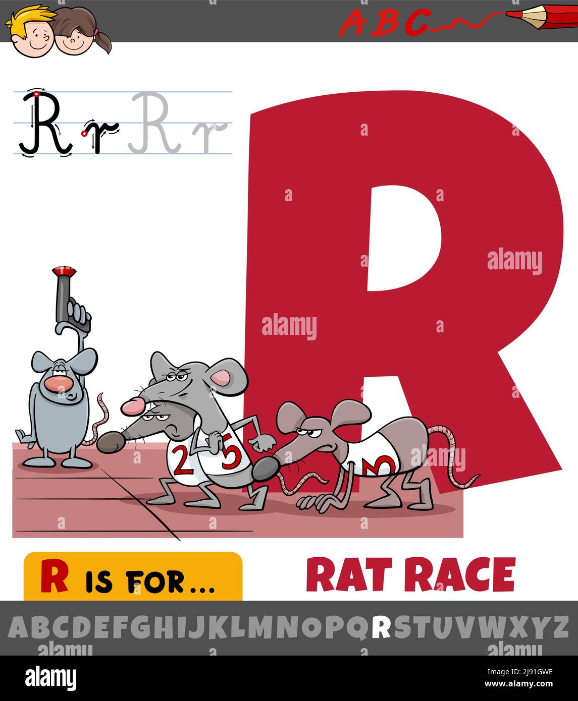 Educational cartoon illustration of letter R from alphabet with rat ...
