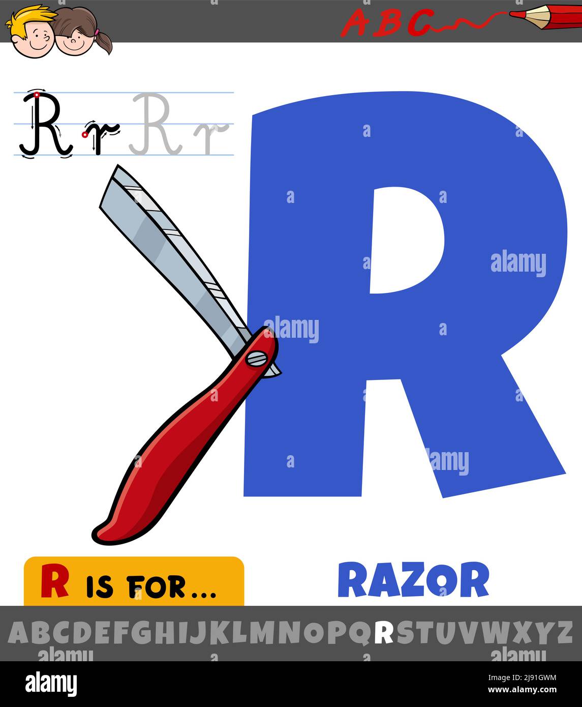Educational cartoon illustration of letter R from alphabet with razor ...