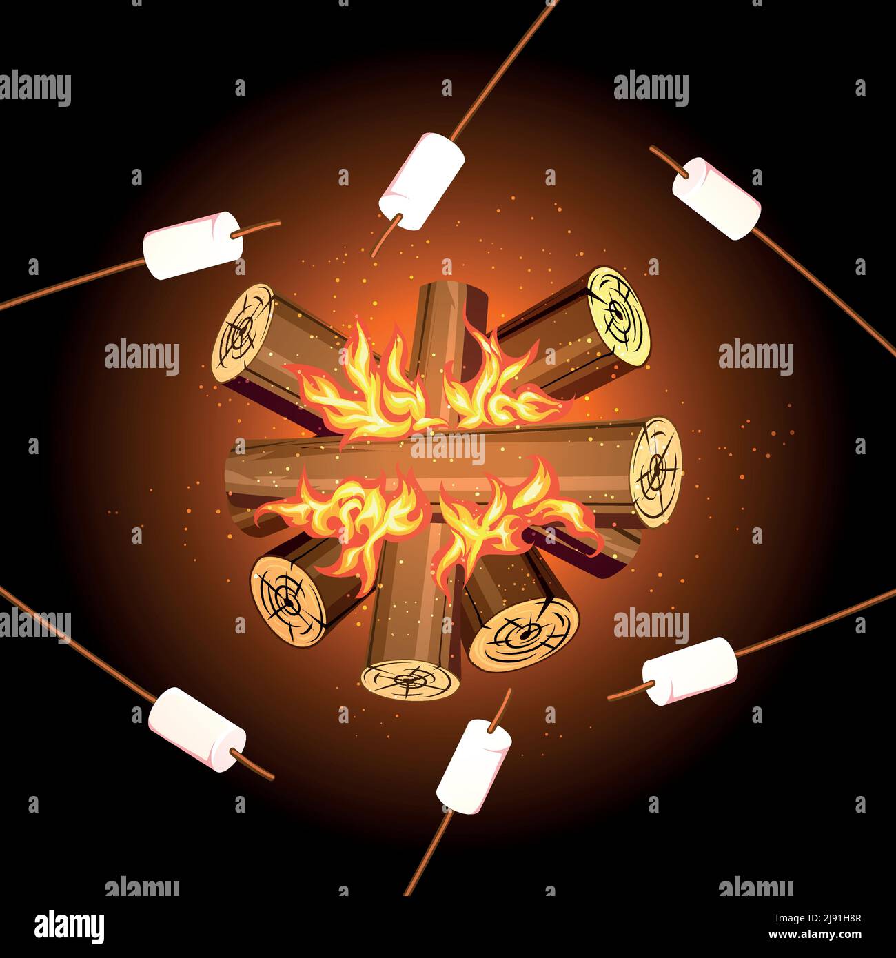 Fire camping marshmallows, top view marshmallow bonfire. Marshmallow on ...