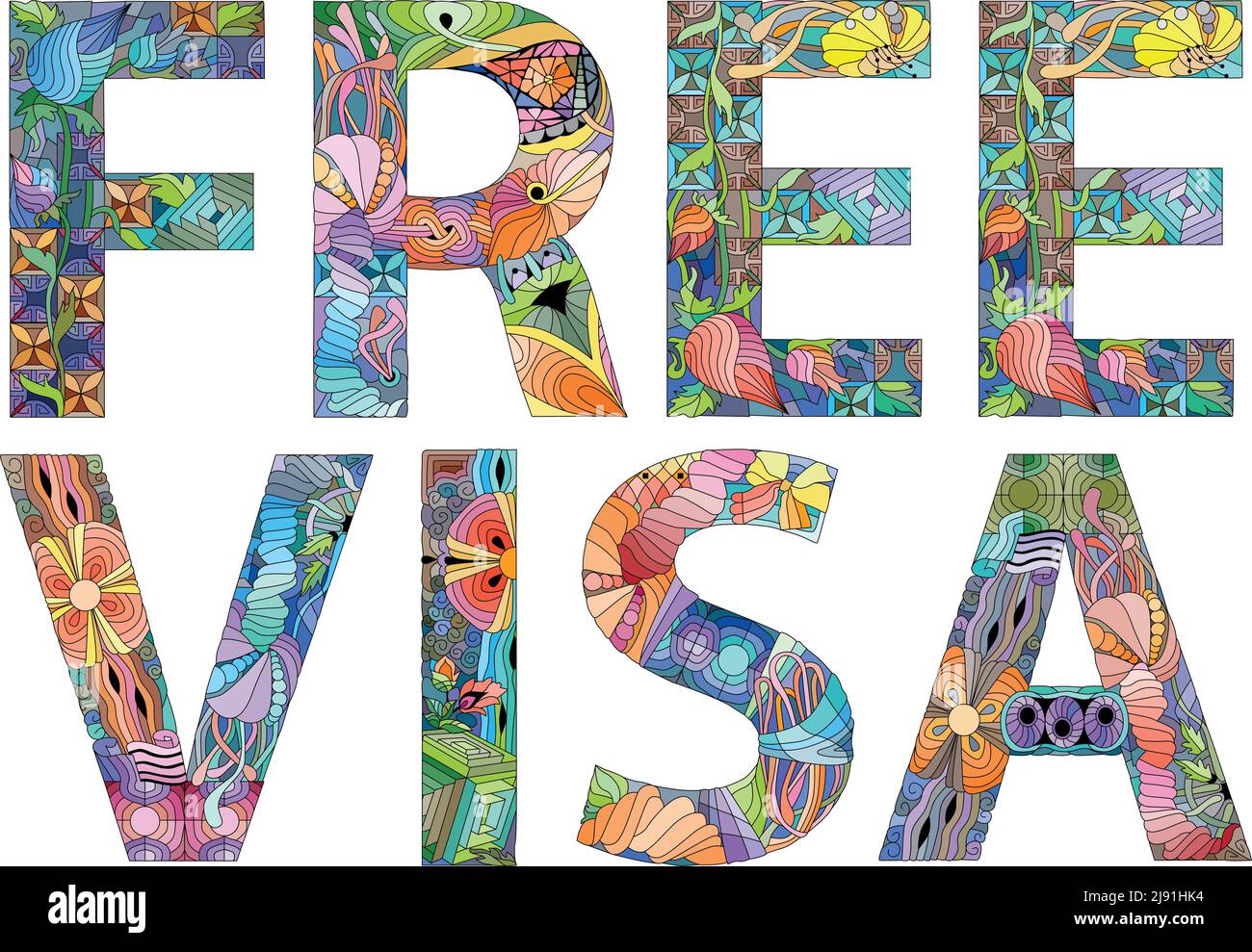 Hand-painted art design. Hand drawn illustration words FREE VISA for t ...