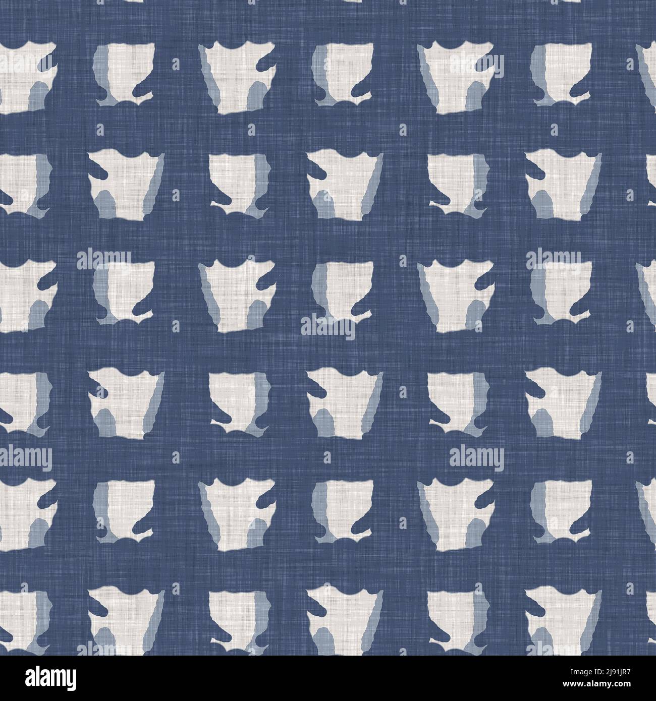 French blue doodle motif linen seamless pattern. Tonal country cottage ...