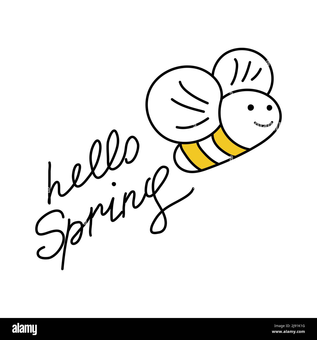Doodle bee and lettering Hello Spring. Simple spring icon. Children's ...