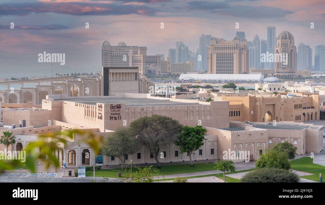 Doha, Qatar- May 15,2022 : overhead view of the katara cultural village ...